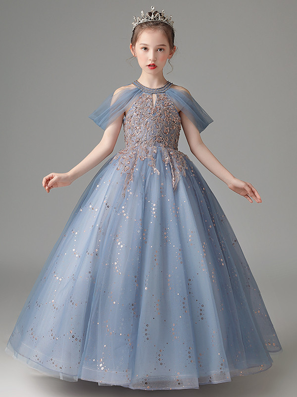 Blue Sequins Princess Flower Girl Dress