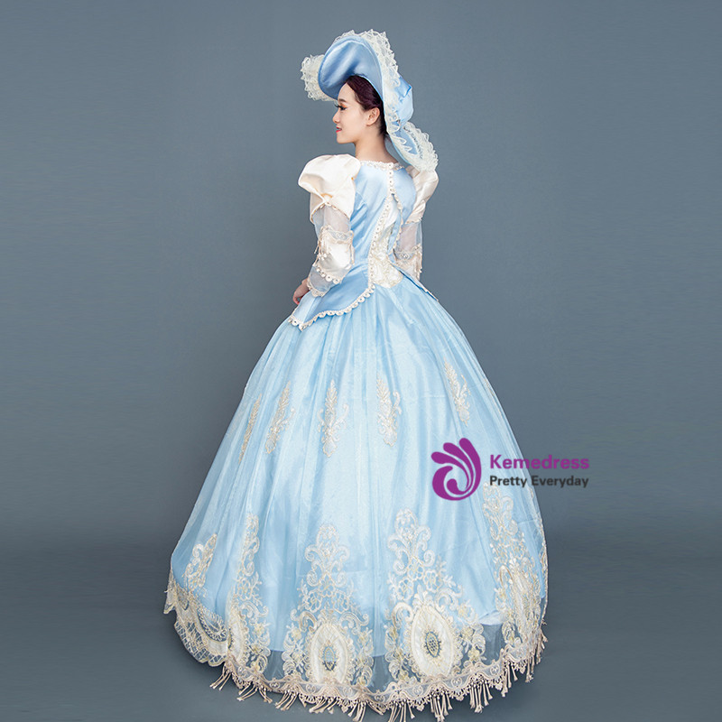 Sky Blue Appliques Long Sleeve Rococo Baroque Dress
