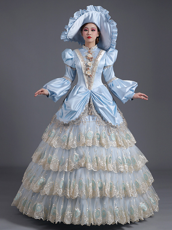 Light Blue Satin Lace Long Sleeve Rococo Baroque Dress