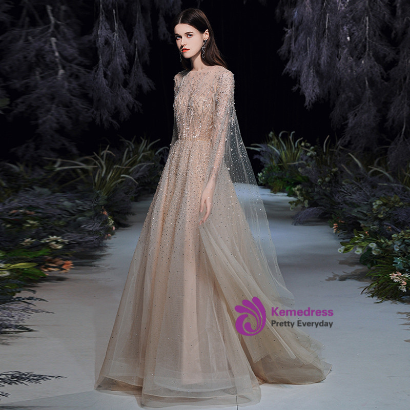 Champagne Tulle Beading Sequins Floating Rotator Cuff Prom Dress