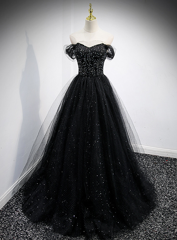 Black Tulle Off the Shoulder Bow Prom Dress