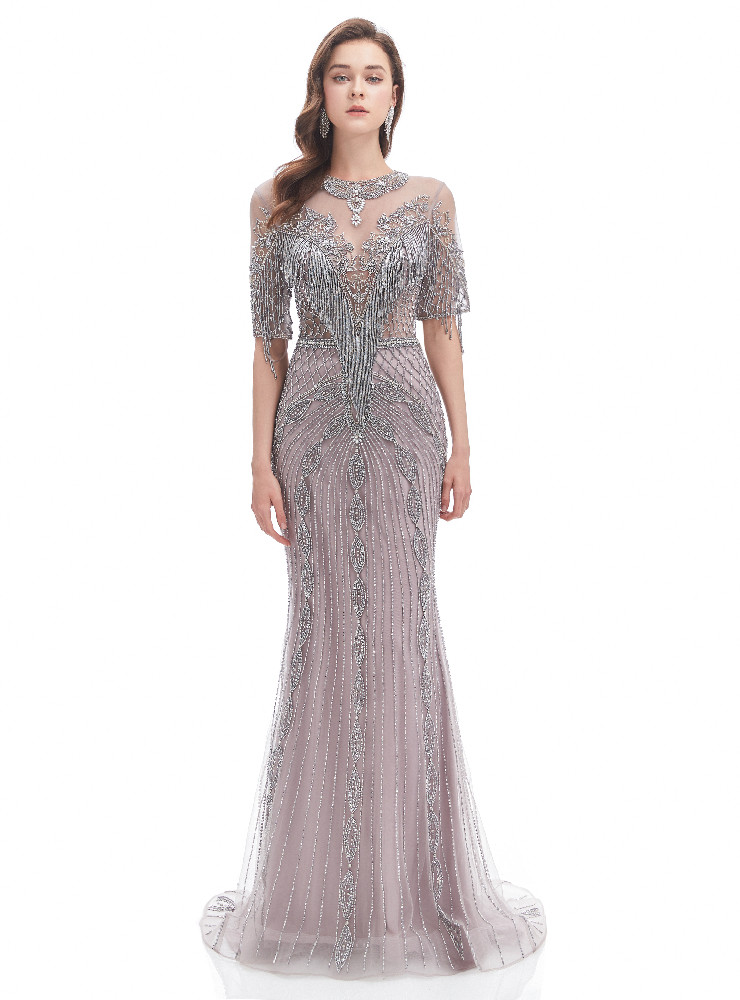 Luxury White Mermaid Beading Long Sleeve Prom Dress