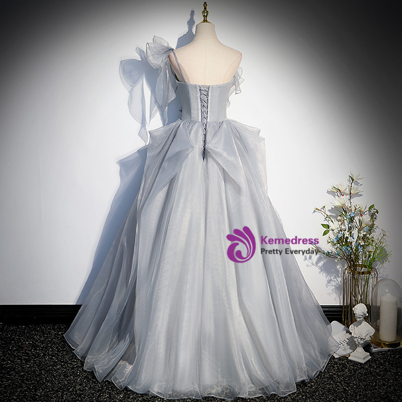 Fashion Gray Organza One Shoulder Prom Dress