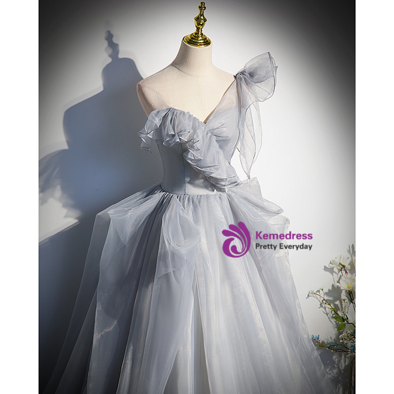 Fashion Gray Organza One Shoulder Prom Dress