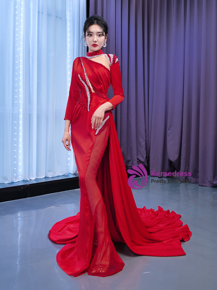 Red Sheath Long Sleeve High Neck Beading Prom Dress