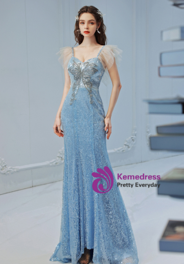 In Stock:Ship in 48 Hours Blue Mermaid Sequins Beading Prom Dress
