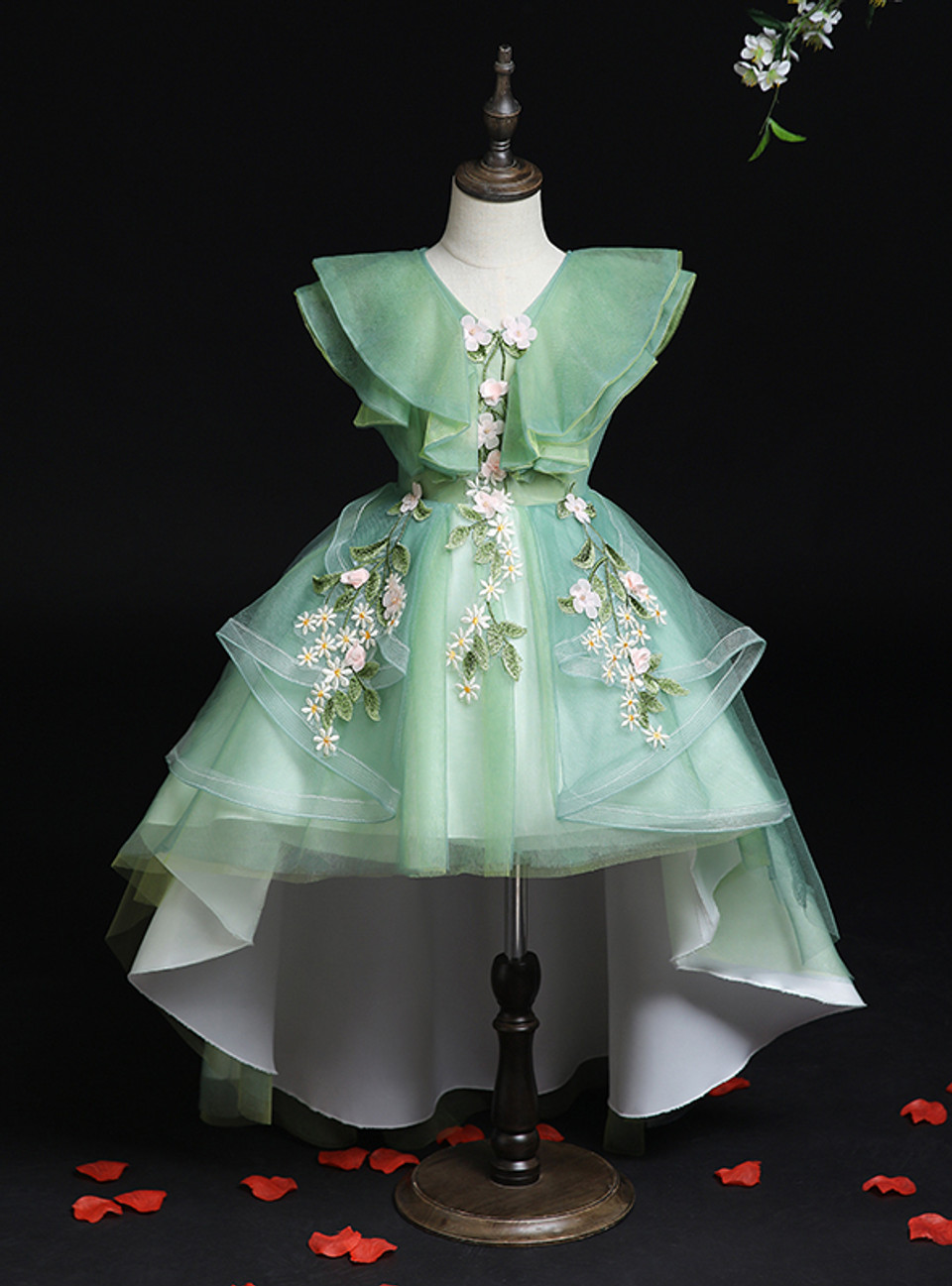 Green Hi Lo Tulle Appliques Off the Shoulder Flower Girl Dress