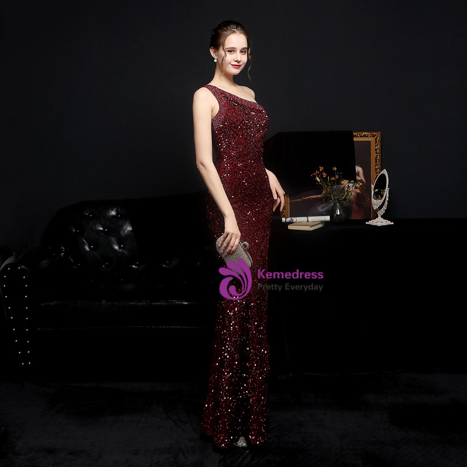 In Stockship In 48 Hours Burgundy Sequins Beading One Shoulder Party Dress