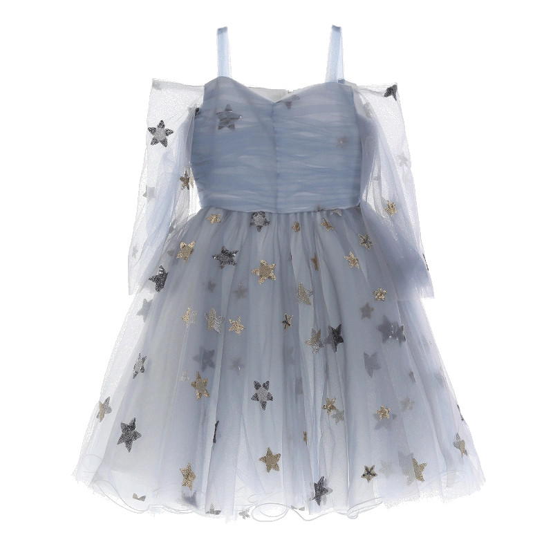 Blue Tulle Straps Star Sequins Flower Girl Dress