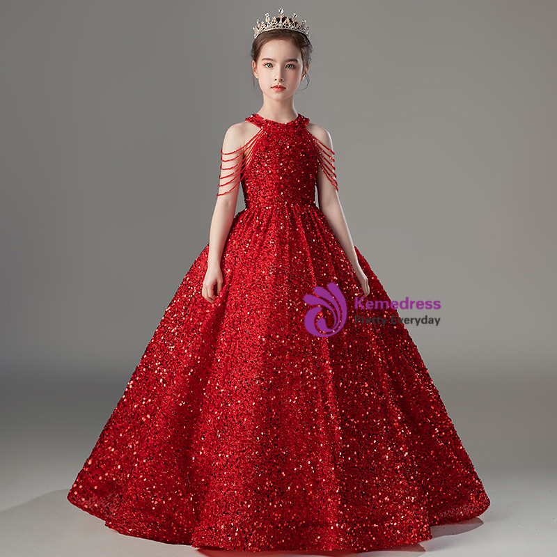 Red Ball Gown Sequins Beading Flower Girl Dress