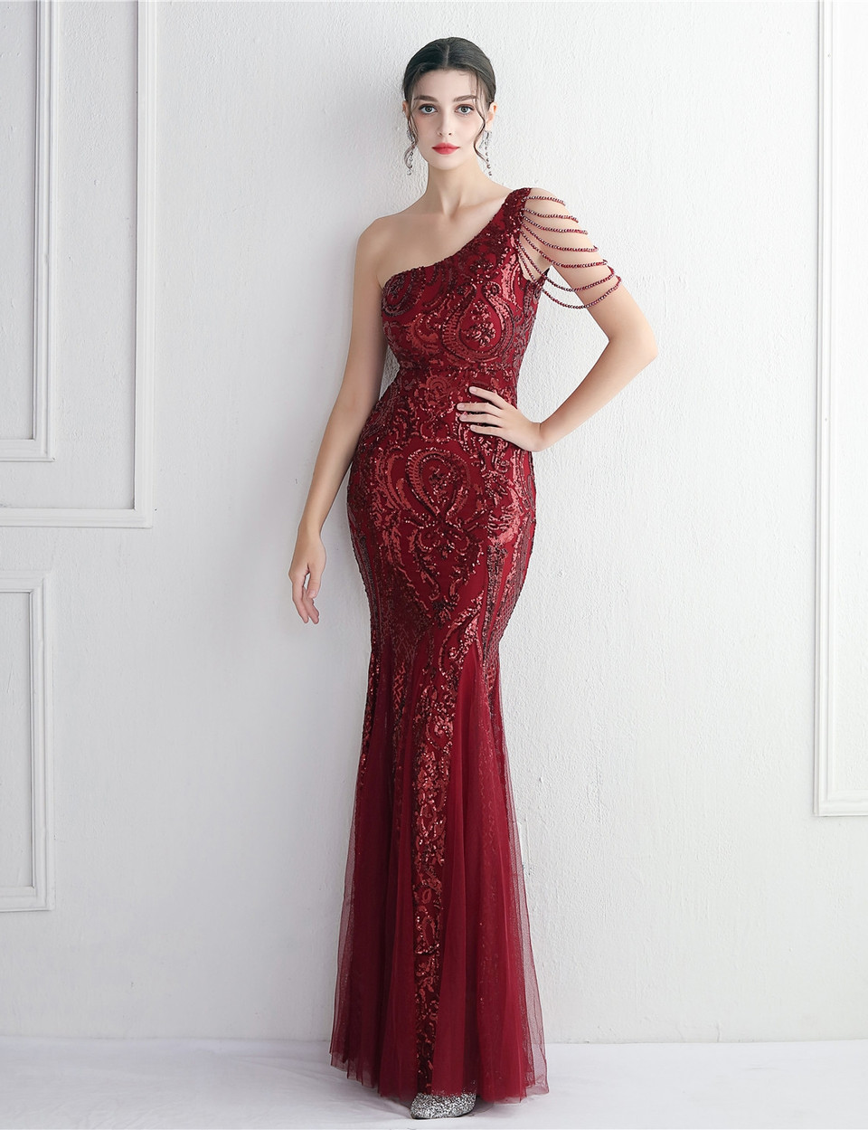 In Stock:Ship in 48 Hours Burgundy Sequins Beading One Shoulder Party Dress
