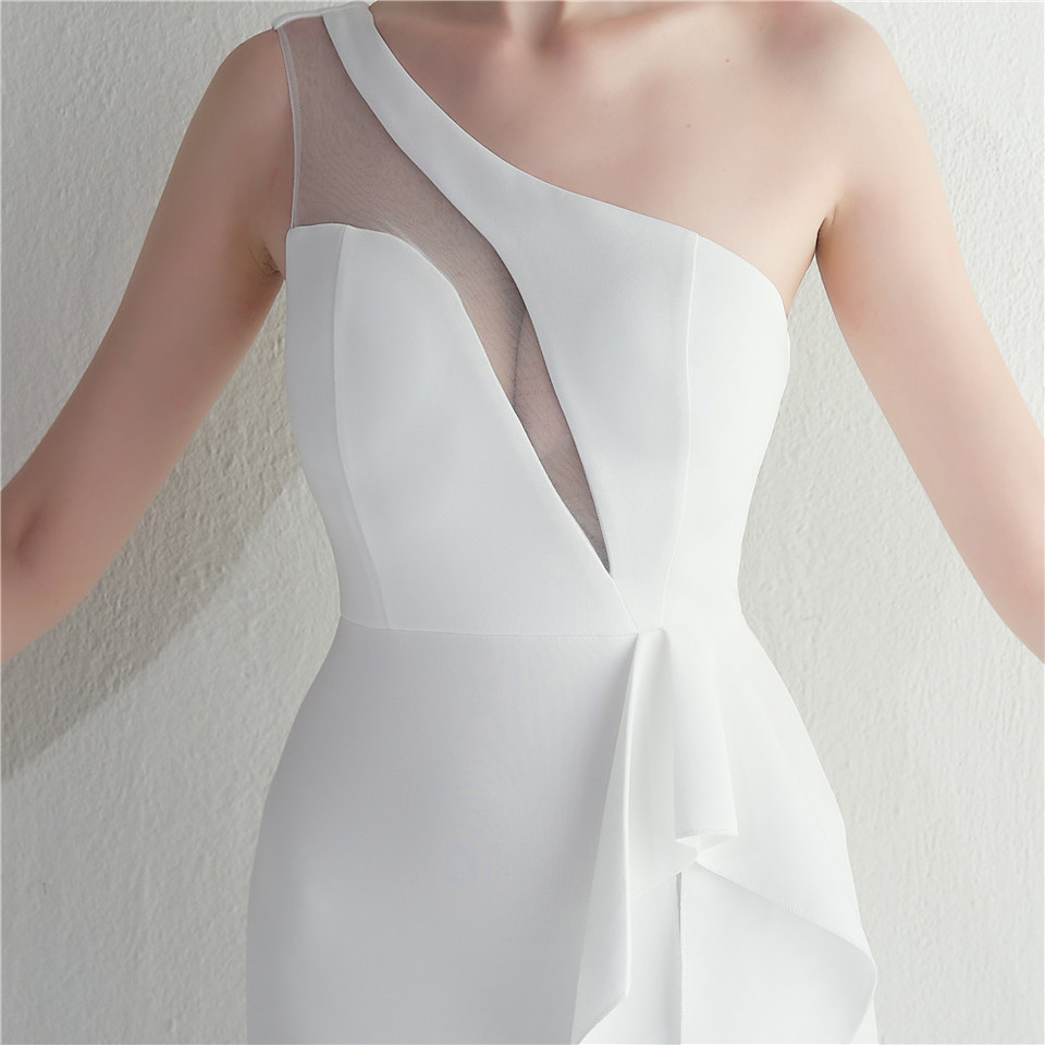 In Stock:Ship in 48 Hours White One Shoulder Mesh Perspective Party Dress