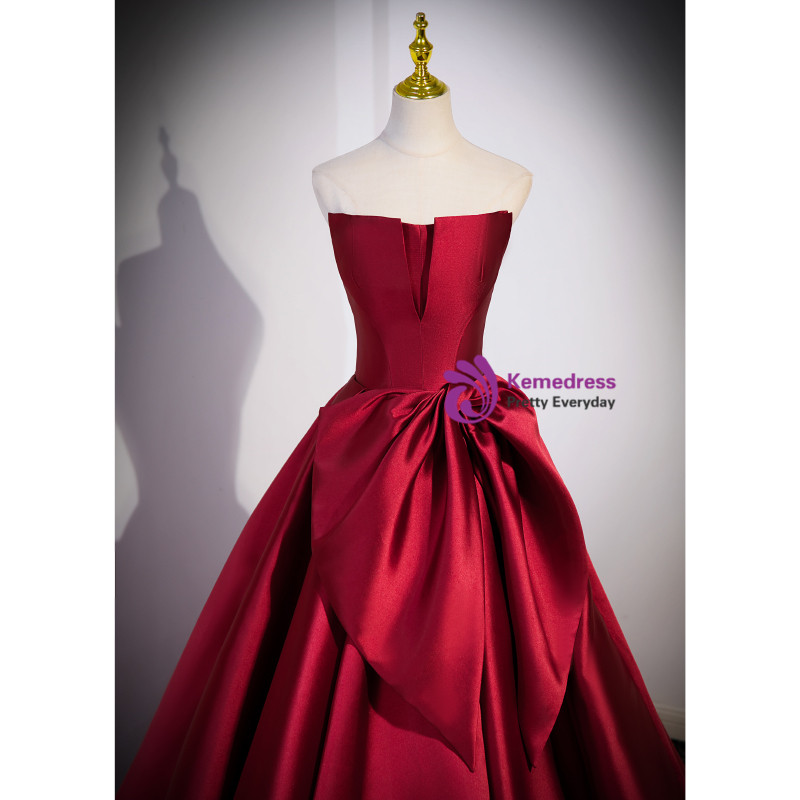 Burgundy Strapless Satin Bow Prom Dress