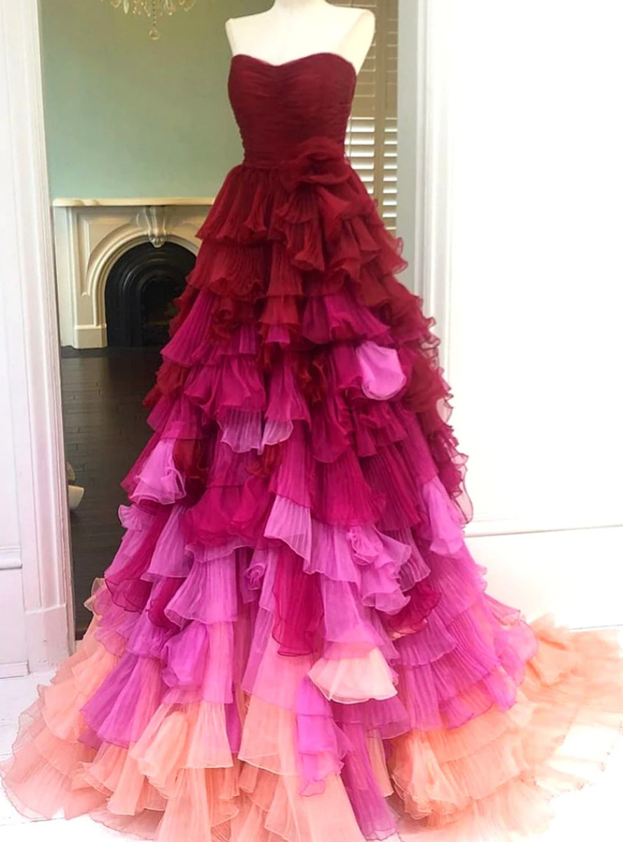 Fuchsia Tulle Strapless Pleats Tiers Princess Dress