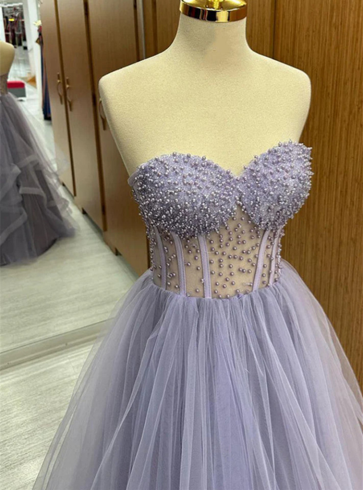 Purple Tulle Sweetheart Pearls Prom Dress