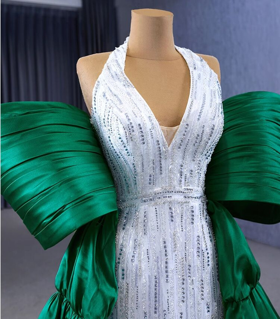 White V Neck Sequins Beading Green Satin Prom Dress