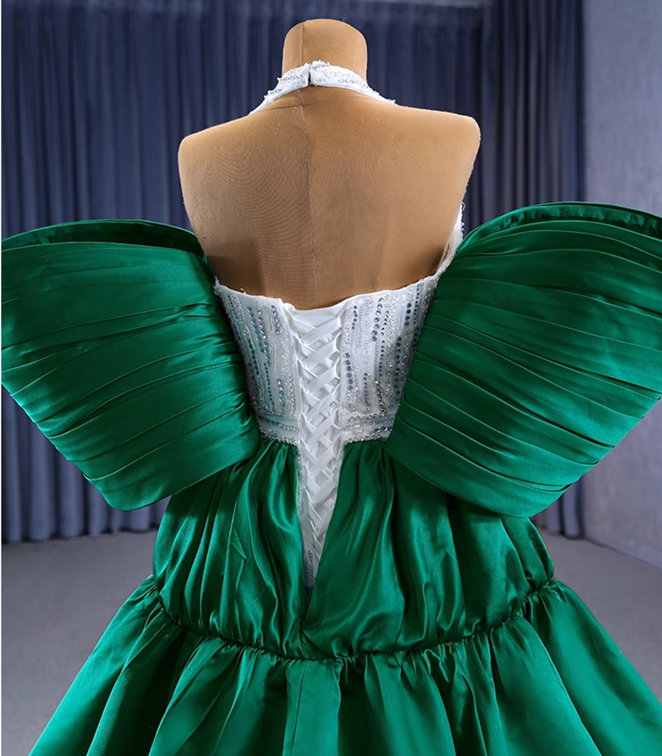 White V Neck Sequins Beading Green Satin Prom Dress