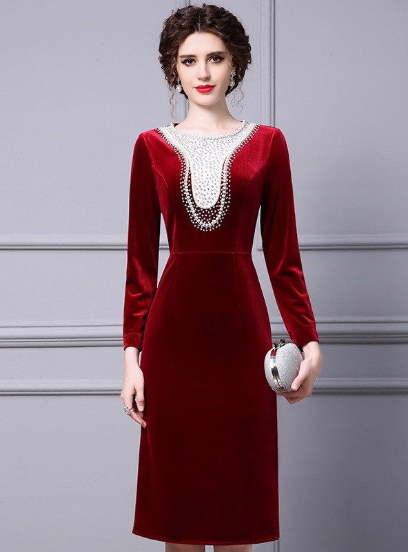 Burgundy Velvet Long Sleeve Beading Mother Of The Bride Dress