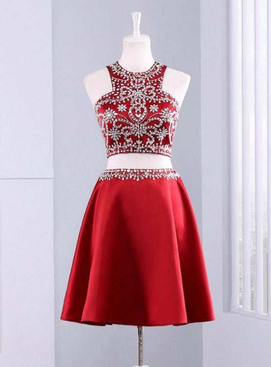 Graduation Dresses 2017 Red Satin Short Evening Dress With Ruched Skirt