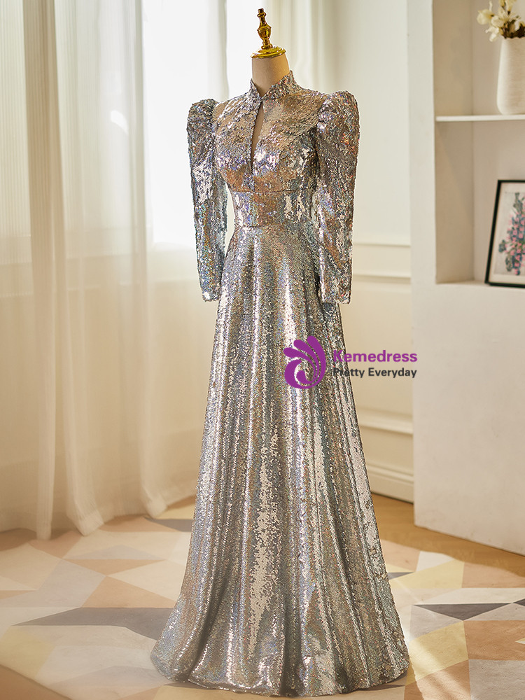 Silver Sequins Long Sleeve High Neck Prom Dress