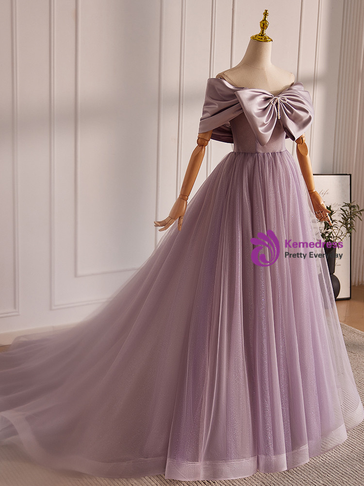 Purple Tulle Off the Shoulder Bow Prom Dress