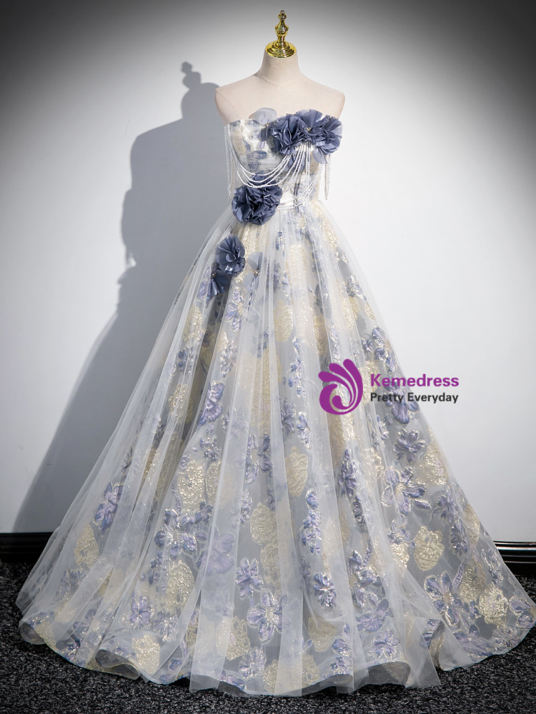A-Line Strapless Flower Prom Dress