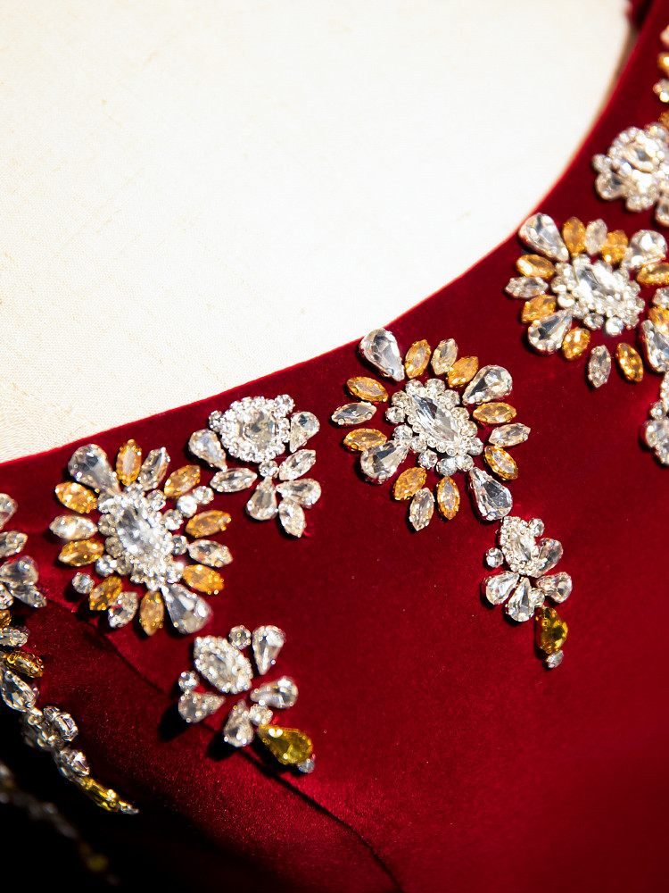 Burgundy Velvet Crystal Prom Dress