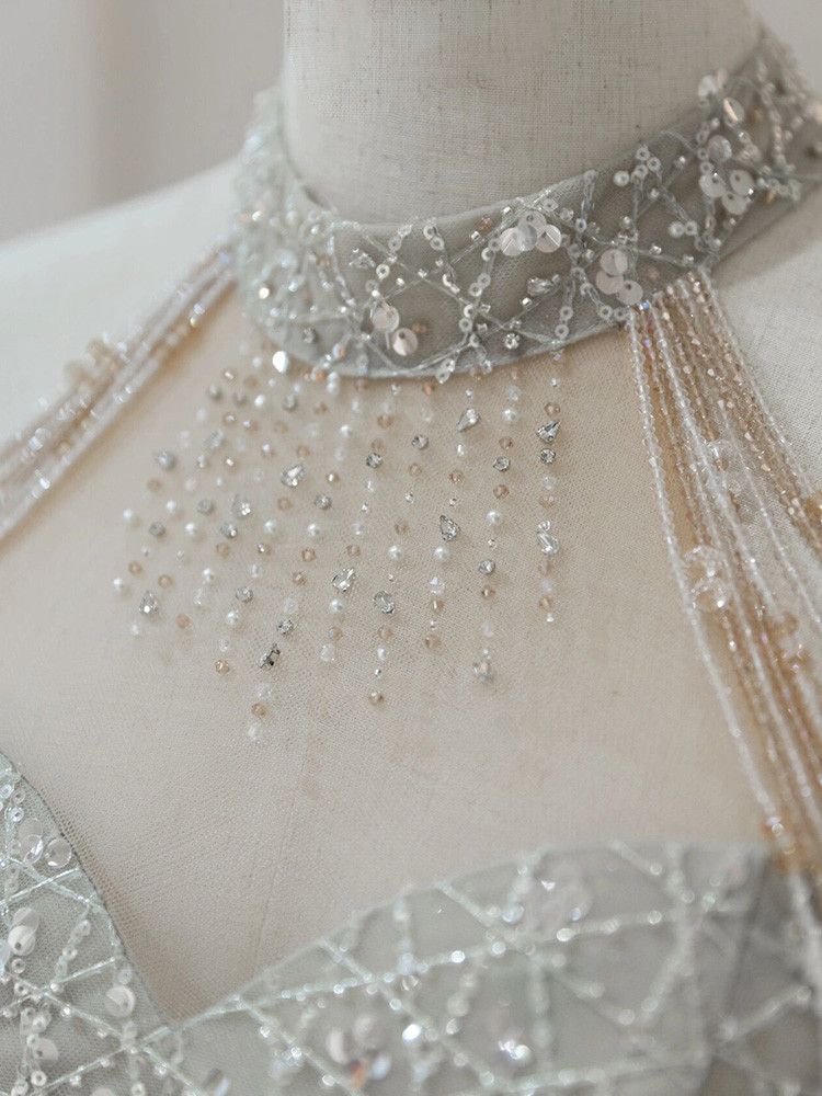 Silver Sequins Halter Beading Prom Dress