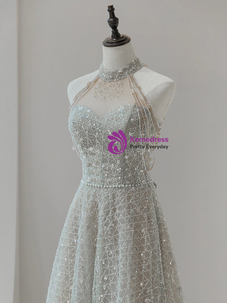 Silver Sequins Halter Beading Prom Dress