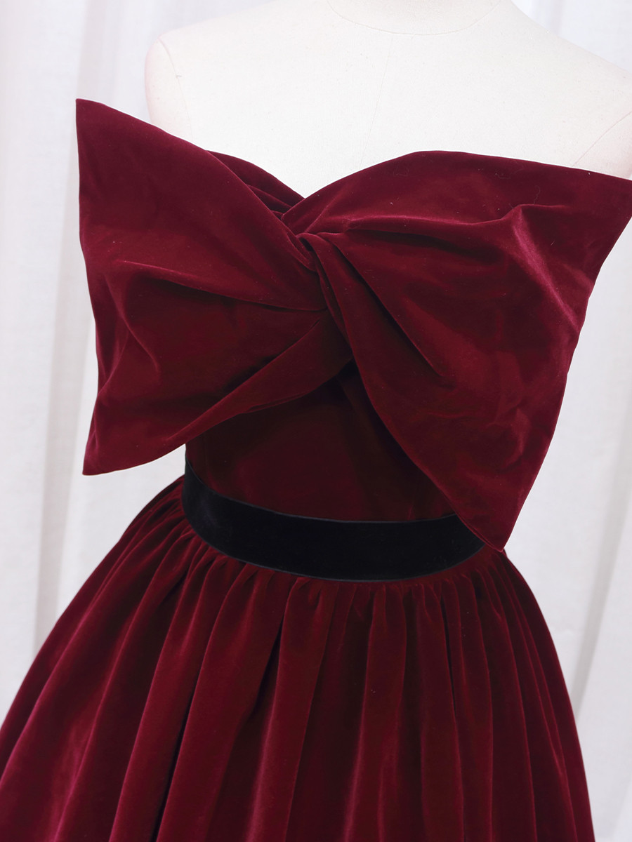 Burgundy Velvet Strapless Bow Prom Dress
