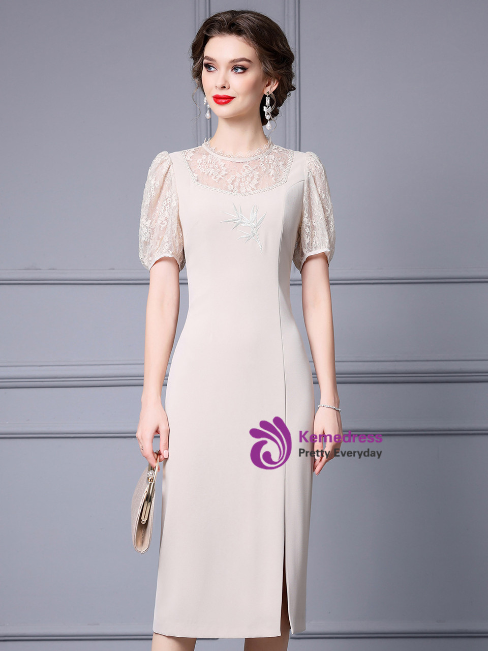 Apricot Lace Short Sleeve Mother Of The Bride Dress