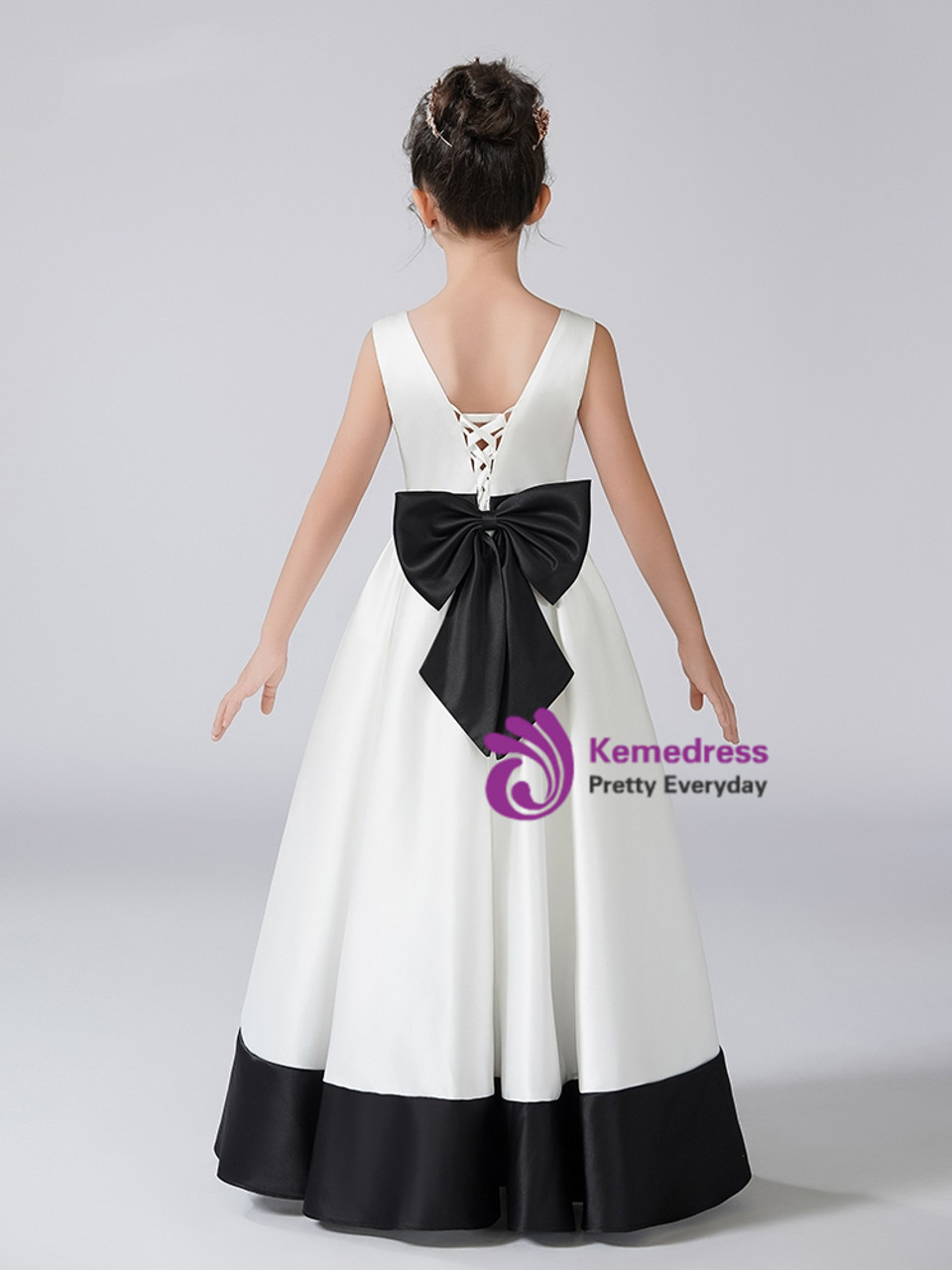 Black White Satin Bow Flower Girl Dress