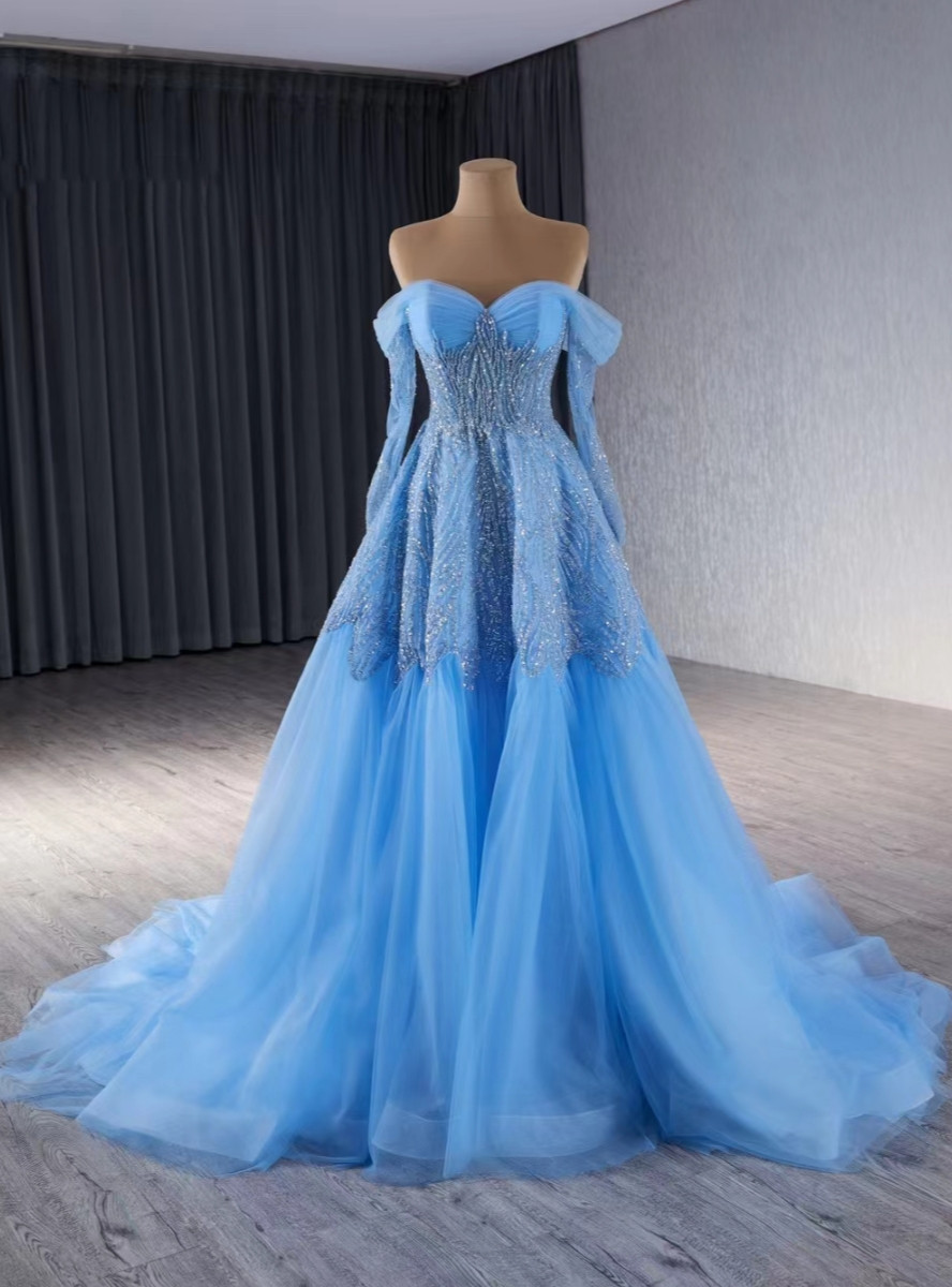 Light Blue Tulle Beading Sequins Lotus Leaf Sleeve Prom Dress