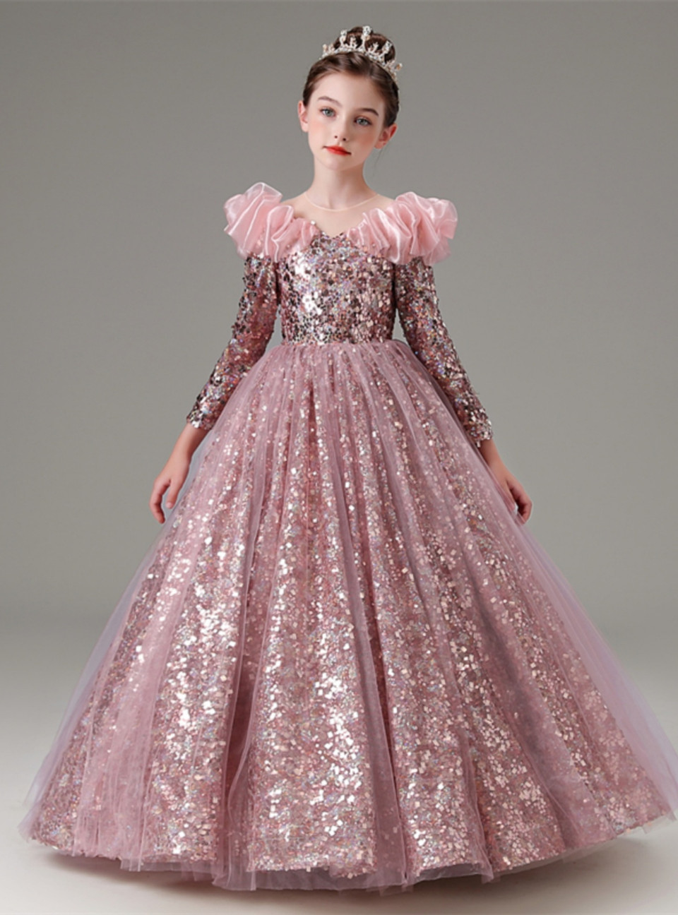 A-Line Pink Sequins Tulle Long Sleeve Flower Girl Dress