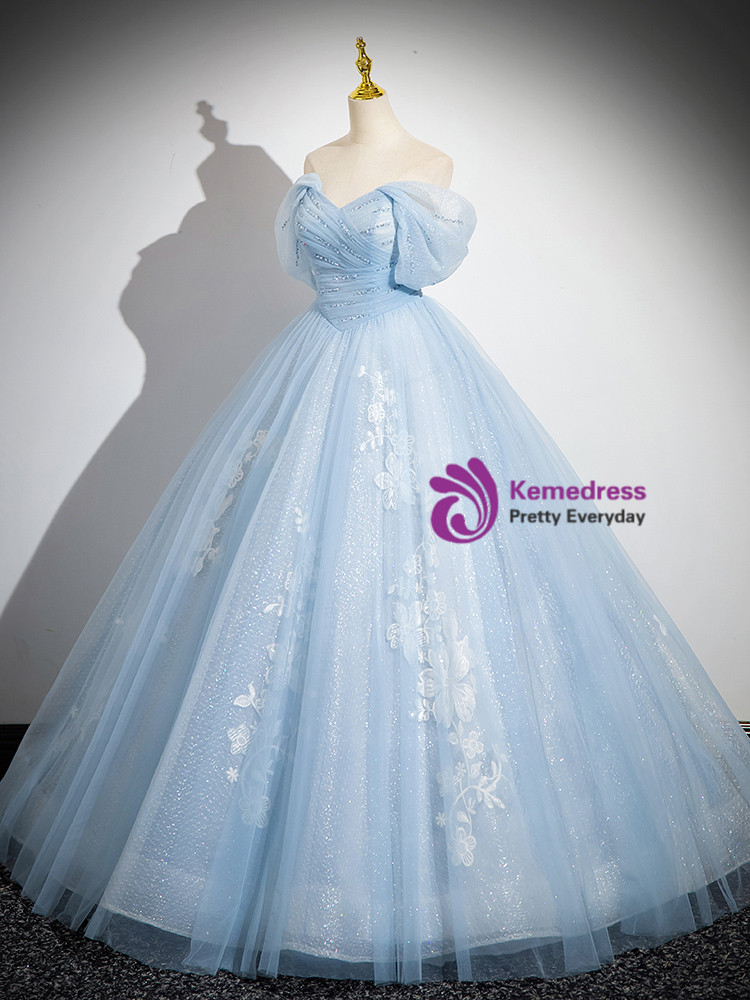 Blue Tulle Off the Shoulder Appliques Beading Quinceanera Dress