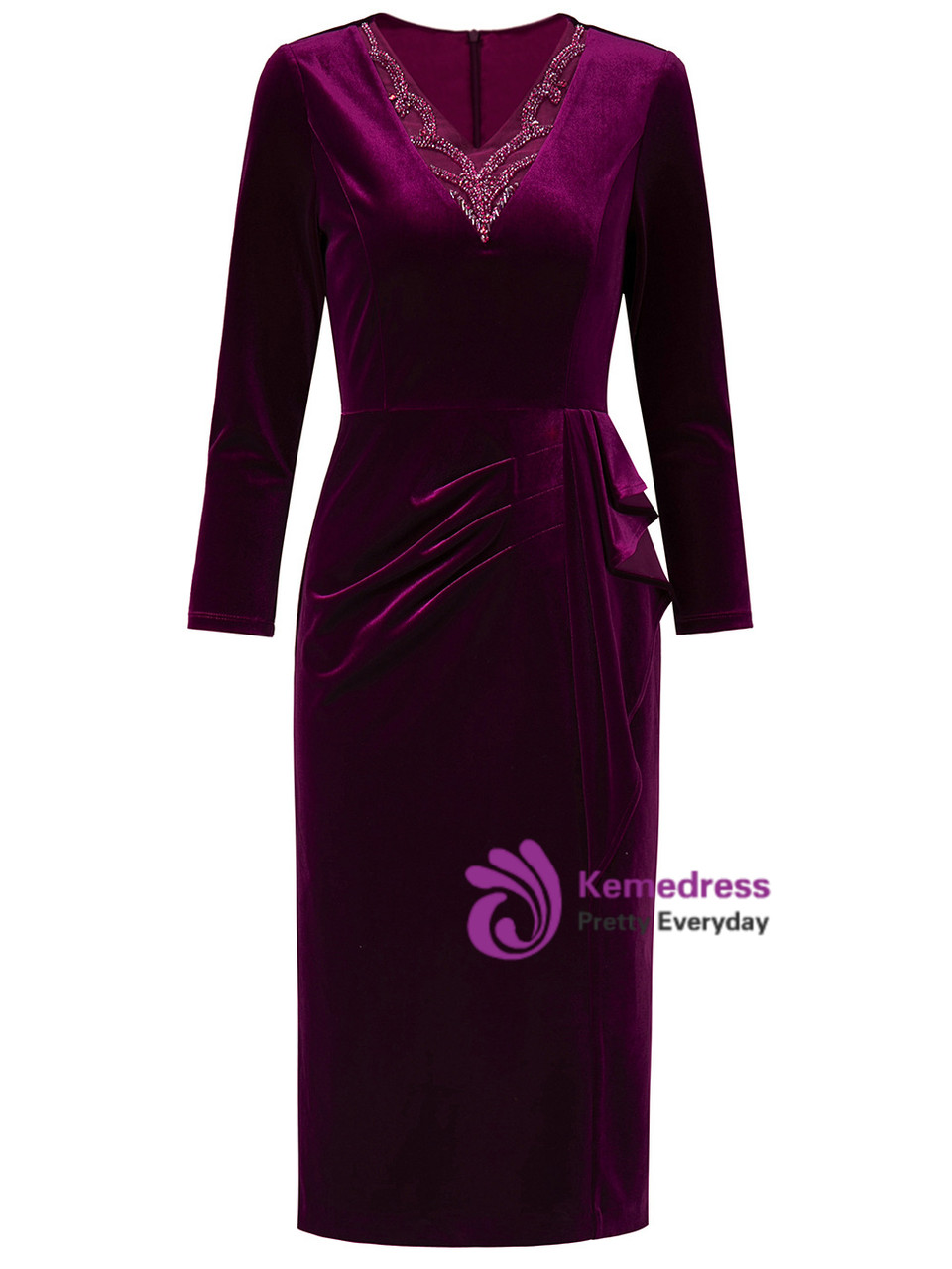 Burgundy Velvet Long Sleeve Crystal Mother of the Bride Dress