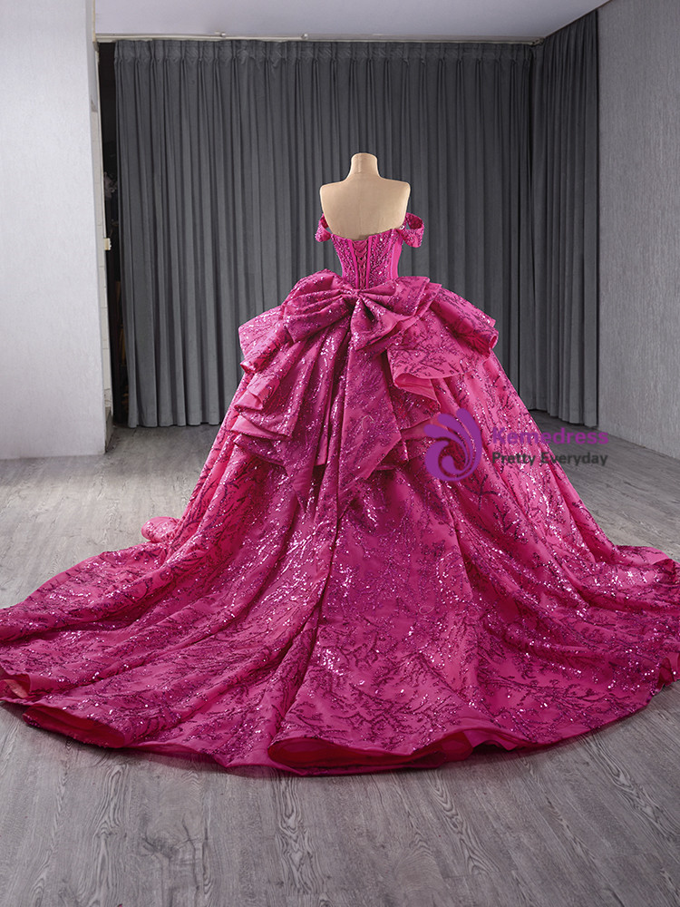 Fuchsia Sequins Off the Shoulder Prom Dress