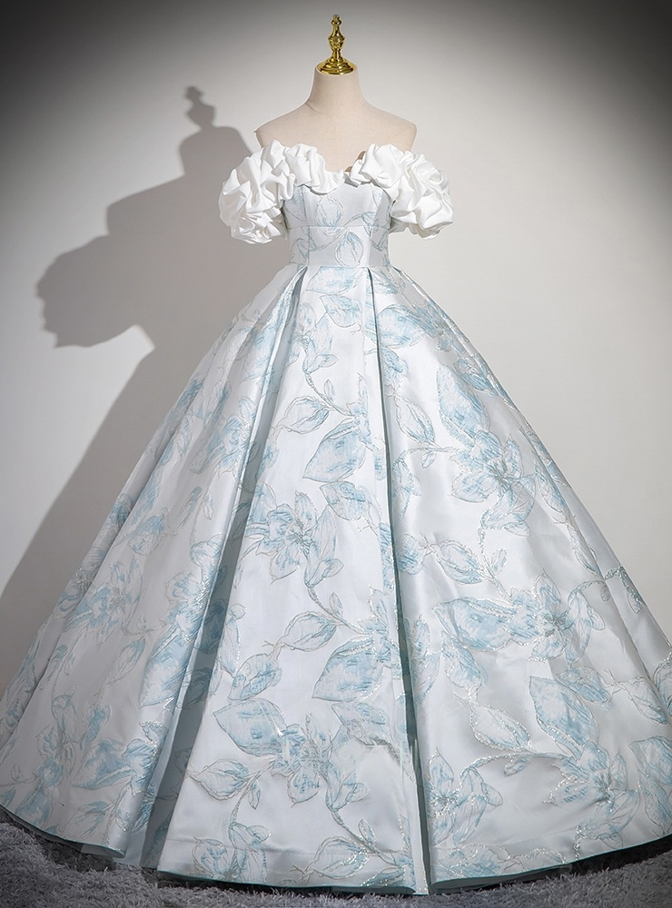 Navy Blue Print Off the Shoulder Crystal Quinceanera Dress