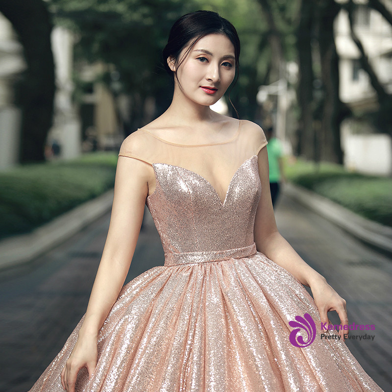 Ball Gown Floor Length Gold Sequins Backless Wedding Dress
