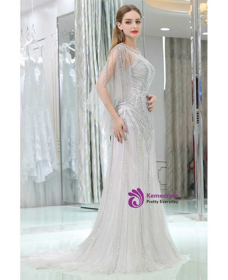 Gray Tulle Long Slim Beading Sequins Prom Dress