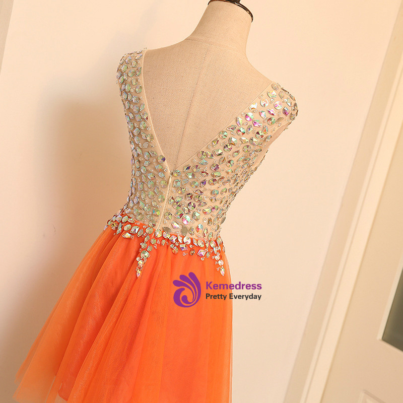 Orange Mini Tulle Crystal Prom Dress