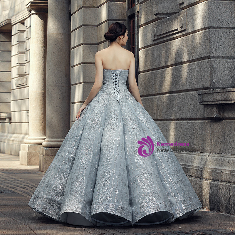 Gray Ball Gown Sweetheart Neck Sequins Floor Length Wedding Dress