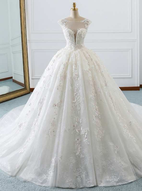 White Ball Gown Satin Cap Sleeve Backless Wedding Dress