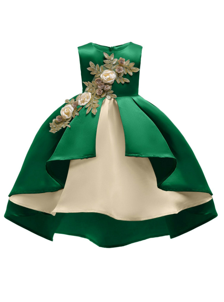 In Stock:Ship in 48 Hours Green Satin Appliques Girl Princess Dresses