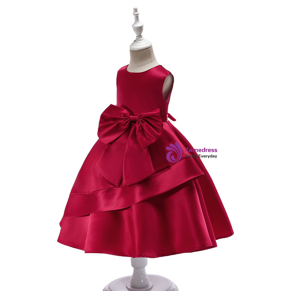 In Stock:Ship in 48 Hours Burgundy Satin Flower Girl Dress With Bow