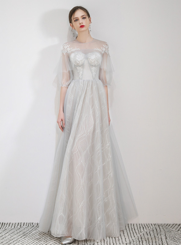 In Stock:Ship in 48 hours A-line Tulle Gray Lace Prom Dress