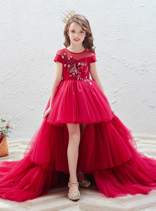 Red Hi Lo Tulle Appliques Flower Girl Dress