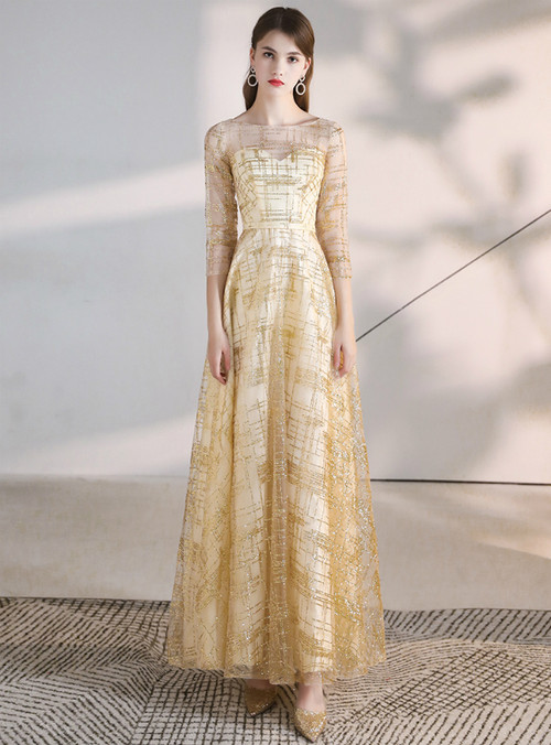 In Stock:Ship in 48 Hours Gold Tulle Sequins Short Sleeve Prom Dress