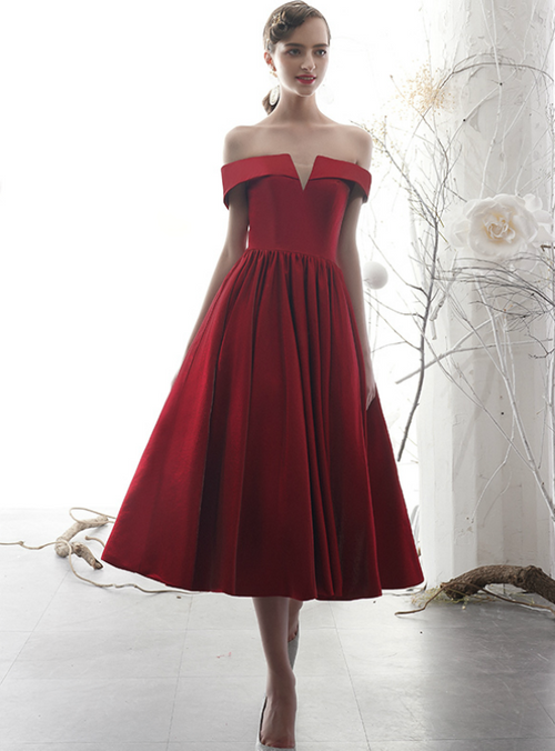 Simple A-Line Burgundy Satin Off the Shoulder Short Prom Dress