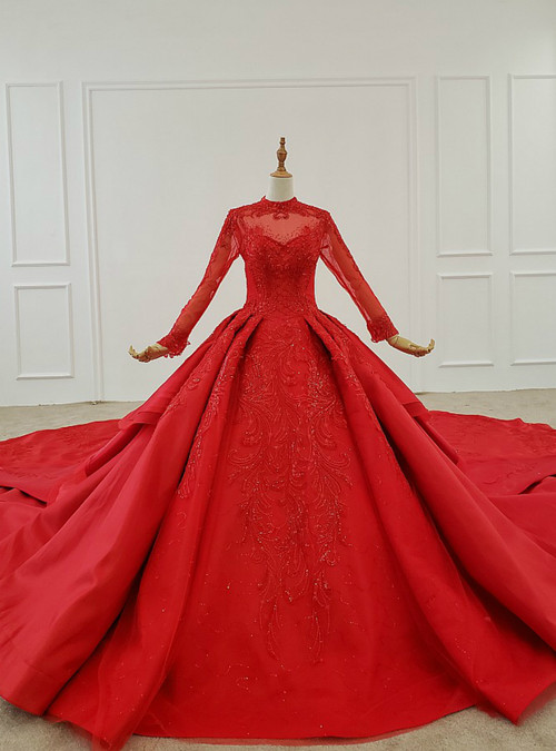 Red Ball Gown Satin High Neck Long Sleeve Sequins Wedding Dress With ...